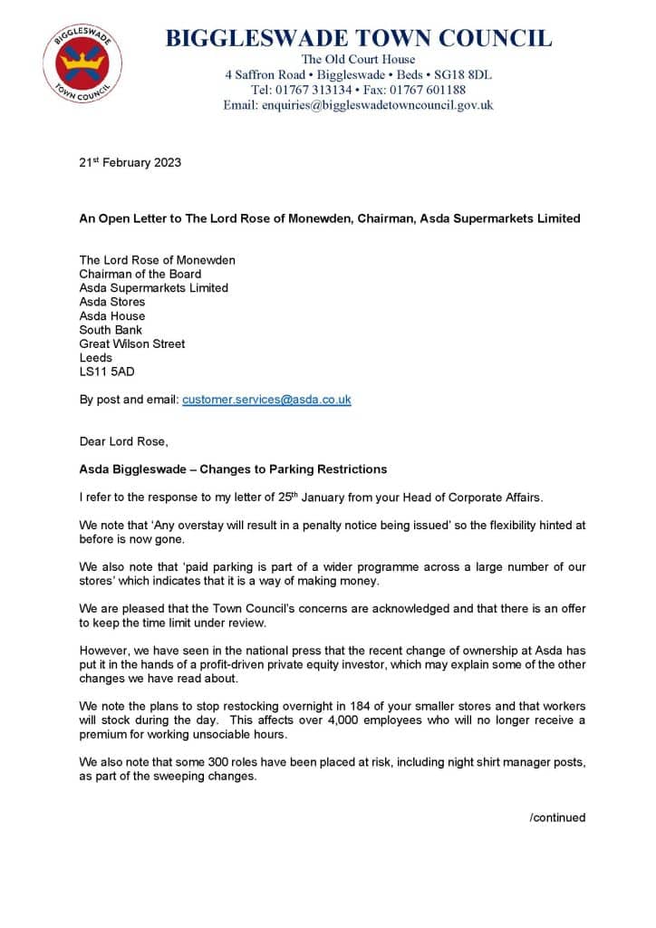 ASDA - Open Letter | Biggleswade Town Council